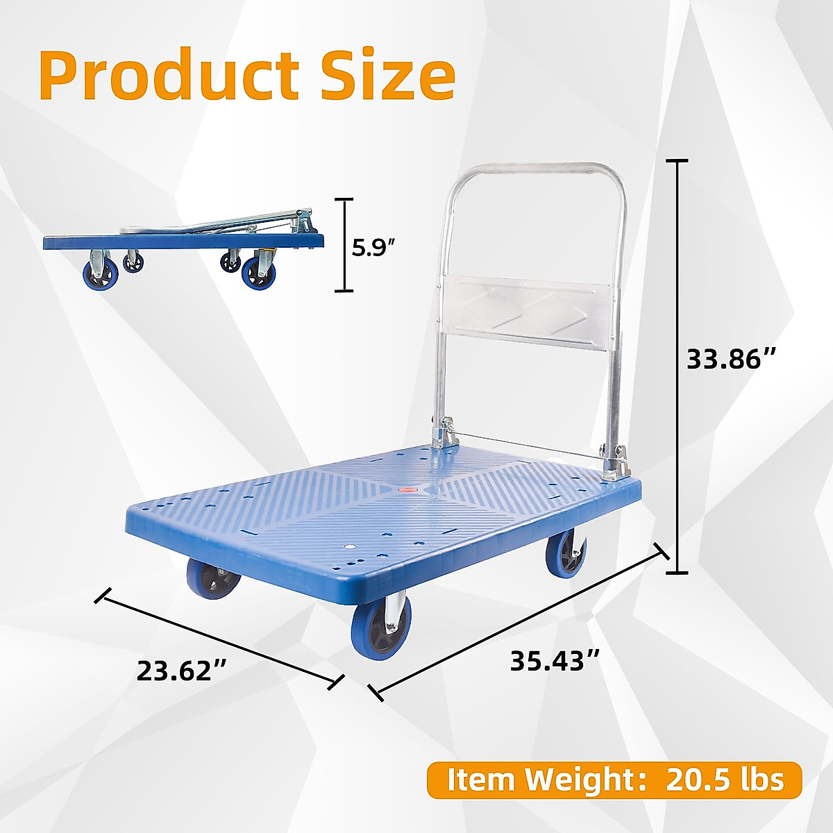660lbs Foldable Dolly Cart with 4 Swivel Wheels Heavy Duty Platform Hand Truck Moving Flatbed Cart Push Cart for Groceries, Warehouse