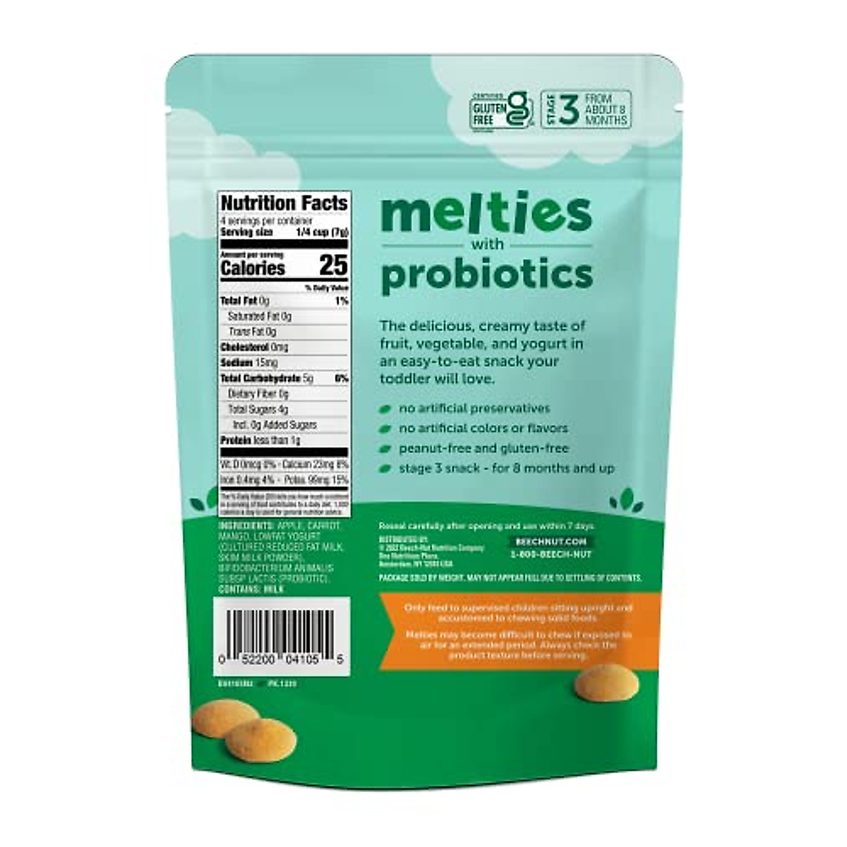 Beech-Nut Probiotic Melties Apple Carrot Mango Yogurt Melts Baby & Toddler Snack, 1oz Bag