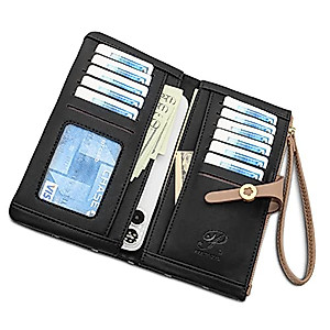 CornerLife Womens Large Wristlet Wallet Bifold with Floral Pattern Card Case Wallet Checkbook Organizer Clutch with Zipper Phone Pocket Girls Cute wallets (Black)