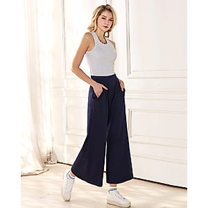 noflik Women's Comfy High Waisted Knit Wide Leg Pants with Elastic Waistband (Navy, XL)