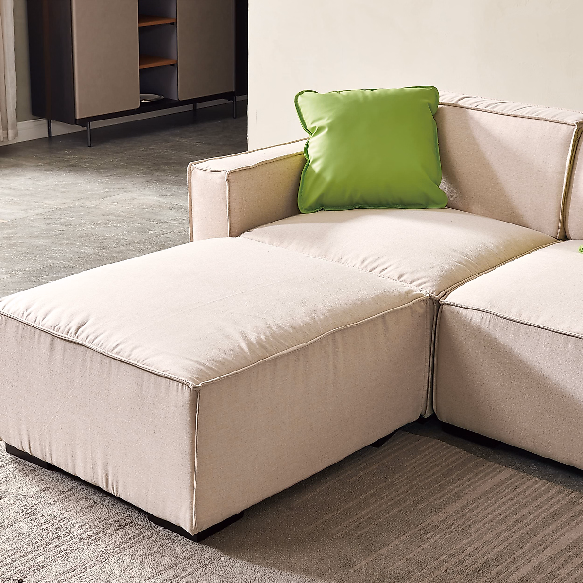 Myshle Faux Leather Fabric Reversible 4 Seater Sectional Couch with Storage, Modular Sofa L Shape with Convertible Ottoman Chaise, Beige