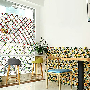 GWOKWAI Artificial Plant Expandable Fence, Expanding Trellis Privacy Fence Screen Artificial Sunflower/Rose Retractable Fence for Outdoor Garden Decor Balcony Backdrop Wall