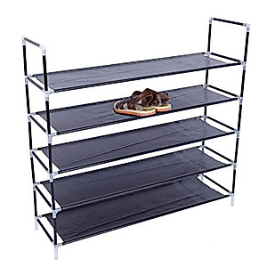 SoSo-BanTian1989 Black 5-Tiers Metal Tube Shoe Rack, 25 Pairs Non-Woven Fabric Shoe Storage Organizer Cabinet Tower Shelf