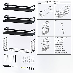 Floating Shelves with Storage Basket Rustic Solid Wood Bathroom Shelves Farmhouse Wall Hanging Shelf Mounted Wall Decor for Living Room Kitchen Pantry Bedroom Shelves Over Toilet (Black)