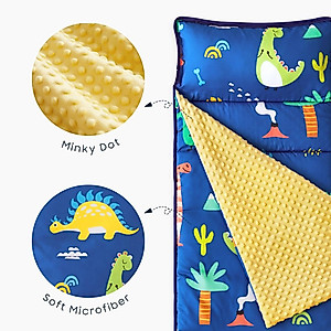 Wake In Cloud - Toddler Nap Mat with Pillow and Minky Fleece Blanket, for Kids Boys Girls in Daycare Preschool Kindergarten, Roll Up Sleeping Bag, Dinosaur Navy Blue, Standard Size