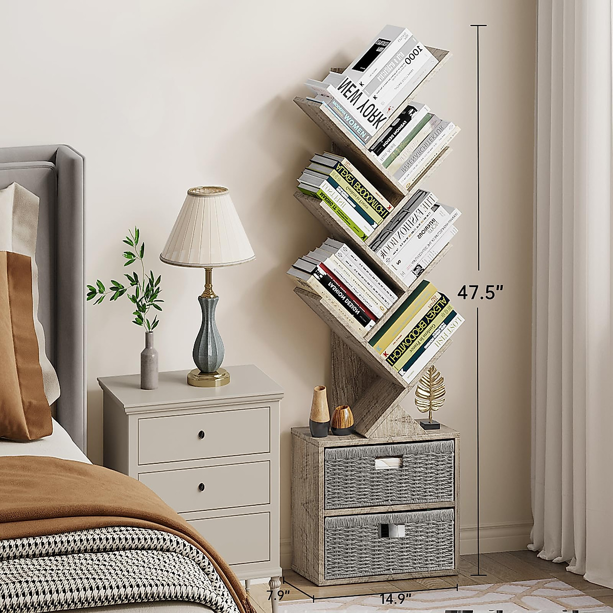 Vagusicc 6 Tier Tree Bookshelf, Modern Floor Standing Bookcase with Storage Drawer, Space Saving Storage Organizer Book Shelves for Books, Tall Wood Storage Rack for Bedroom/Living Room/Home Office