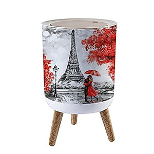 SHL96PZGX Small Garbage Can with Lid Oil Painting Paris European City Landscape France Eiffel Tower Black with Wood Long Legs Simple Human Trash Can for Kitchen, Bathroom, Dog Proof, 1.8 Gallon - 7L
