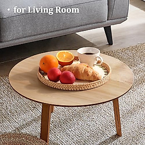 Tynulox 11.8" Rattan Tray with Mother of Pearl Inlay Wooden Base | Round Woven Wicker Tray | Coffee Table Tray for Storage Display Bread Fruit Breakfest