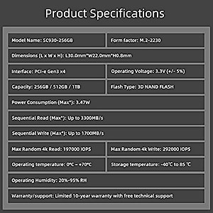 SYONCON SC930 M.2 2230 SSD NVMe PCIe Gen 3.0X4 Internal Solid State Drive Compatible with Steam Deck/Microsoft Surface pro 8/pro 7+/pro X/laptop3/laptop4/laptop go/book3 (256GB)