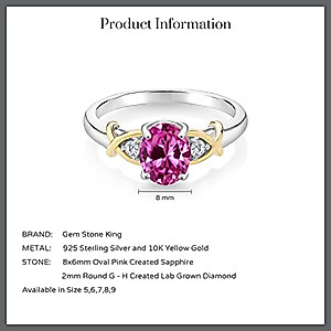 Gem Stone King 1.73 Cttw 2 Tone 10K Yellow Gold and 925 Sterling Silver Pink Created Sapphire and White Lab Grown Diamond Engagement Ring For Women | Oval 8X6MM | Available in Size 5,6,7,8,9