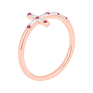 1/20cttw White Baguette Diamond and Gemstone Sideways Cross Ring for Women in 14k Gold, Women's Horizontal Cross with Choice of Natural Gemstone or Round Diamond in 14k Yellow, Rose or White Gold