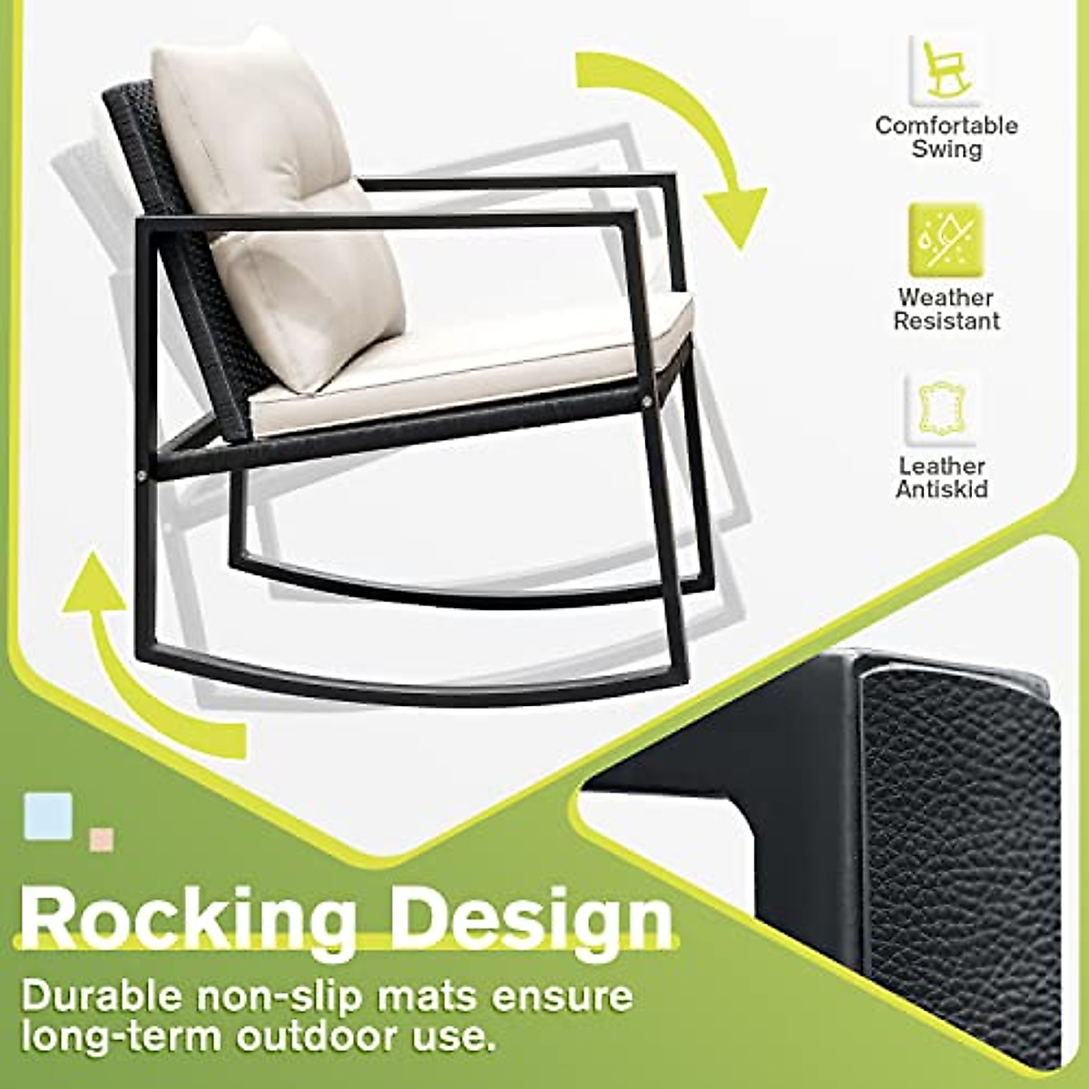 Devoko 3 Piece Rocking Bistro Set Wicker Patio Outdoor Furniture Porch Chairs Conversation Sets with Glass Coffee Table (Beige)