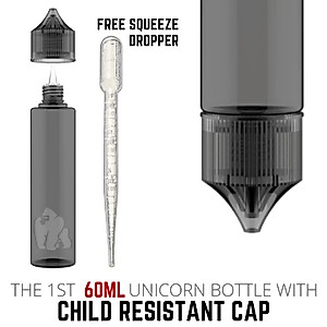 Chubby Gorilla LDPE PET Plastic Unicorn Squeeze Bottle 60ml (10 Pack) Dropper bottle (Transparent Black) REUSABLE, Child Resistant Cap, Easy Drip Tip Applicator Dropper Bottles with Squeeze Dropper