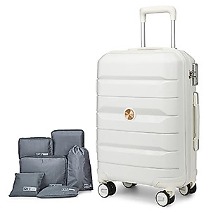 Somago PP Hardside Luggage with Spinner Wheels Suitcase with TSA Lock, Creamy White, Checked-Large 28-Inch