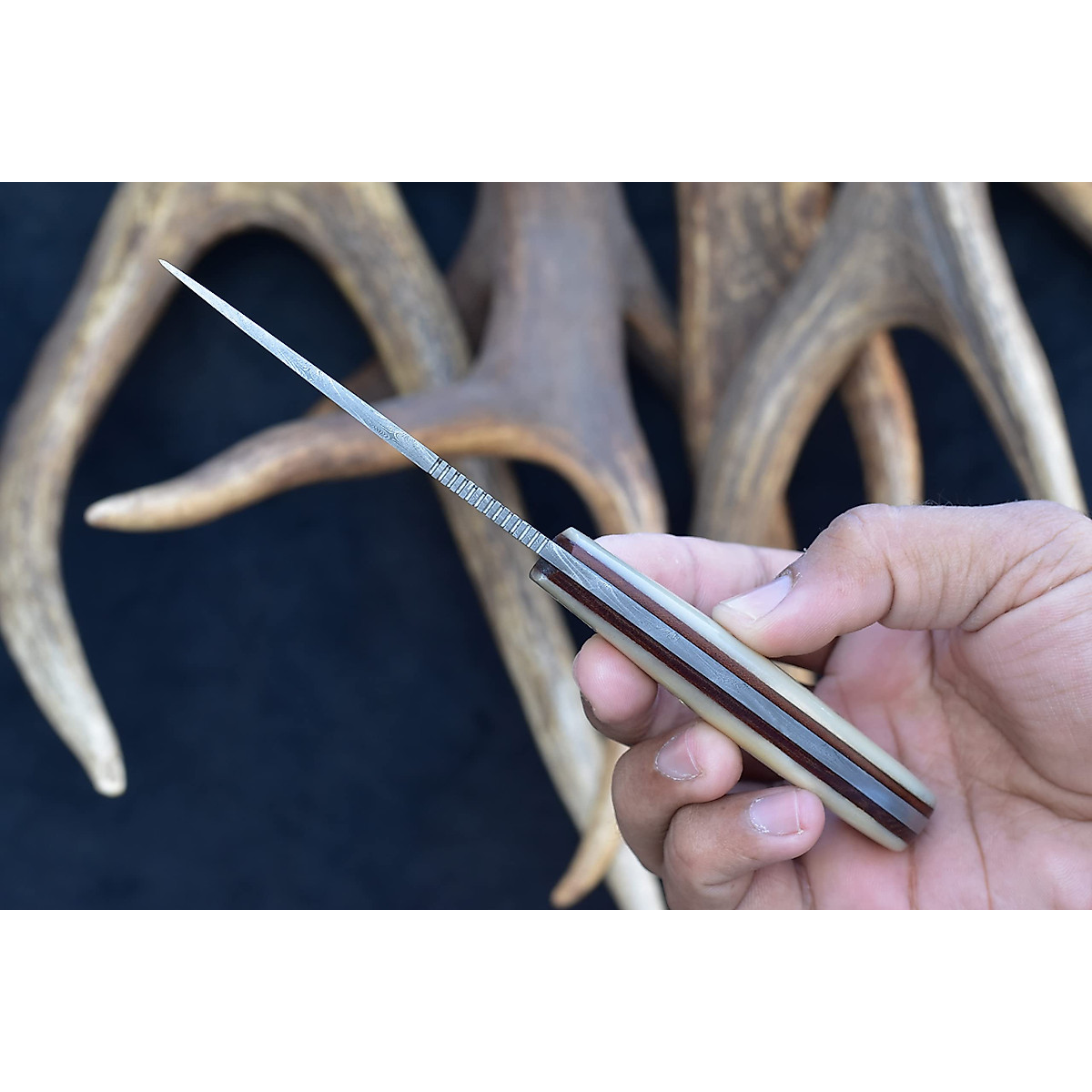 Knives Ranch Handmade Damascus Steel Knife Full Tang Quad Lanyard Hole Knife Cattle Bone Handle Heavy Duty 45 Degree Pancake Sheath Snug Fit (3112-B)