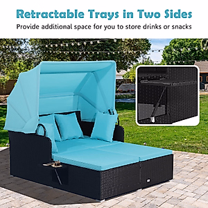 Salches Outdoor Daybed, Patio Daybed with Retractable Canopy, High-Resilient Soft Cushions, Foldable Side Trays, Outdoor Bed Loveseat for Garden, Backyard, Porch (Turquoise)