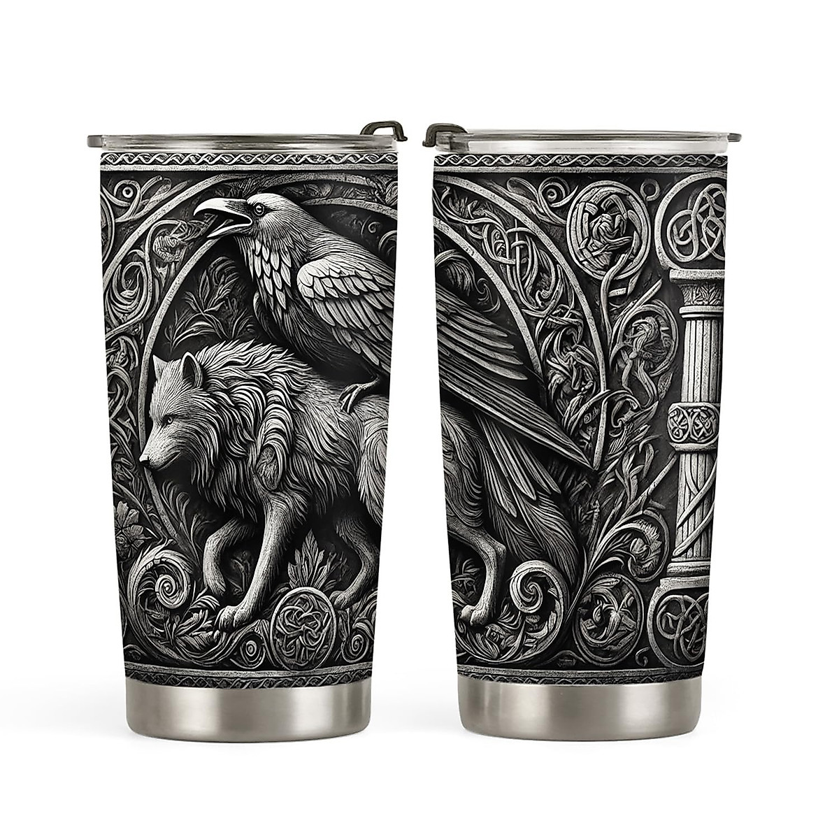 20oz Raven Wolf Tumbler, Viking Gifts for Men, Norse Mythology Gifts, Coffee Thermos, Viking Celtic Wolf Raven Tumbler Cup, Stainless Steel Double Wall Vacuum Insulated Coffee Mug, Travel Cup with Lid