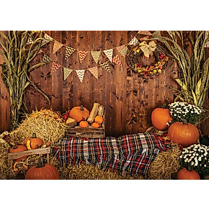 AIIKES 7x5FT Fall Thanksgiving Photo Backdrop Rustic Wood Board Barn Harvest Photography Backdrop Autumn Pumpkin Leaves Flower Baby Birthday Portrait Party Decoration Photo Studio Props 11-741