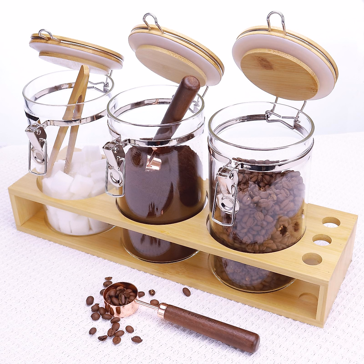 Matifaner Glass Coffee Storage Containers with Bamboo Shelf,Ground Coffee Holder Jars,Airtight Glass Countertop Storage Jar Canisters with Spoon for Coffee,Loose Tea,40 Fluid-oz,Pack of 3