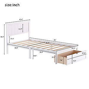 Merax Twin Bed Frames, Wood Twin Platform Bed Frame with Storage Drawer, Twin Kids Bed with Headboard for Girls Boys, No Box Spring Needed,White