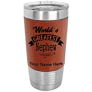 LaserGram 20oz Vacuum Insulated Tumbler Mug, World's Greatest Nephew, Personalized Engraving Included (Faux Leather, Basketball Style)