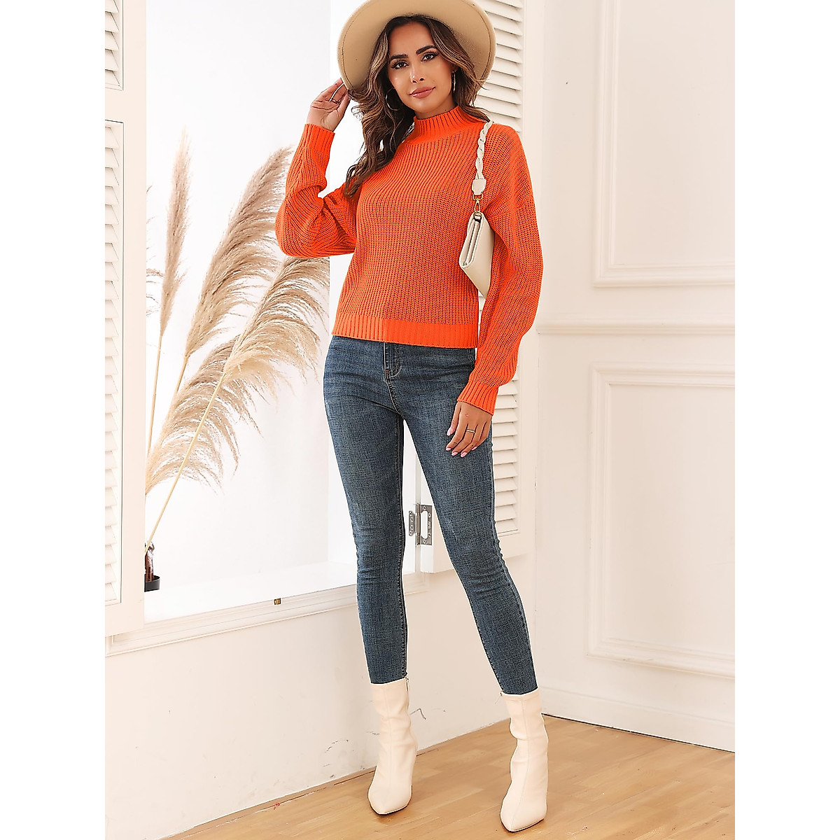 ZAFUL Women's Cropped Turtleneck Sweater Lantern Sleeve Ribbed Knit Pullover Sweater Jumper (1-Orange, M)