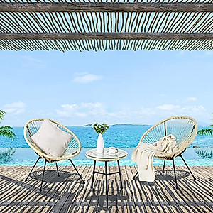 LIFERUN Acapulco Chair,Balcony Furniture,Balcony Set,Outdoor Bistro Set,Glass Tabletop, Rattan Woven Rope,3 Piece Patio Set-Beige