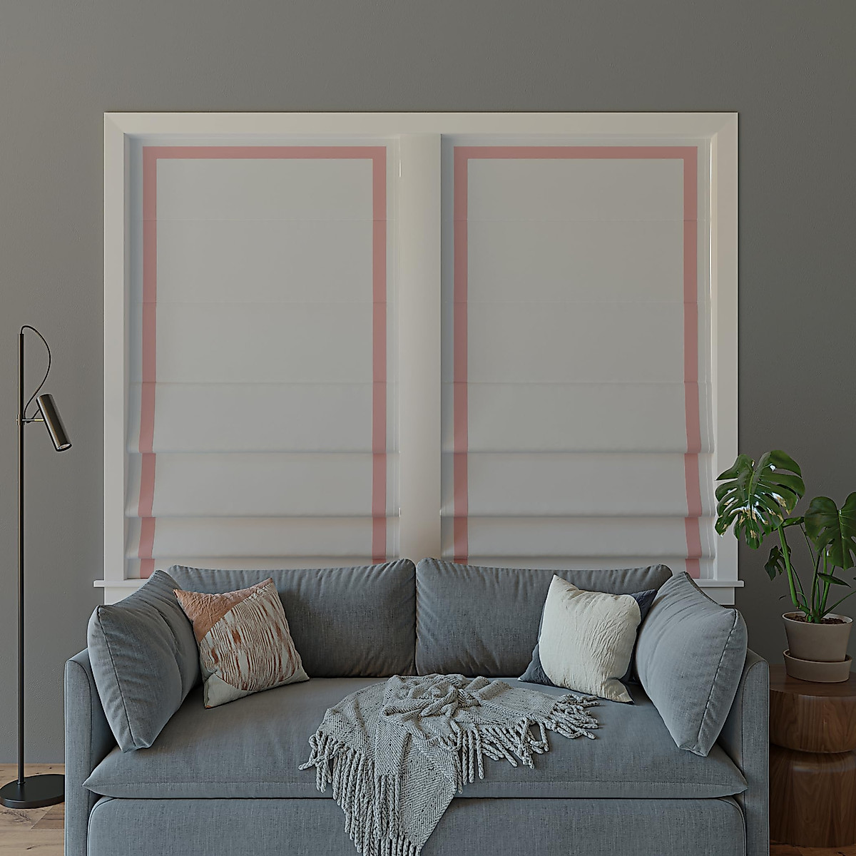 Sun Zero Marline Pink Ribbon Border Stripe 100% Blackout Cordless Roman Shade, 35" x 64", Pink/White