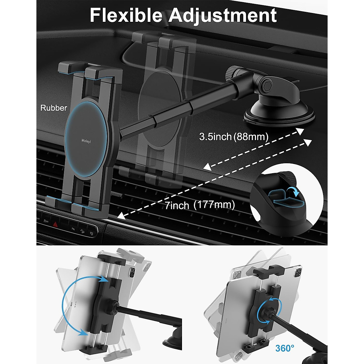 woleyi Dashboard Car Tablet Mount, Telescopic Tube Suction Cup Car Tablet Holder, Compatible with iPad Pro/Air/Mini, Galaxy Tab/Z Fold, Fire HD, Surface, iPhone, More 4.7-13" Cell Phones and Tablets