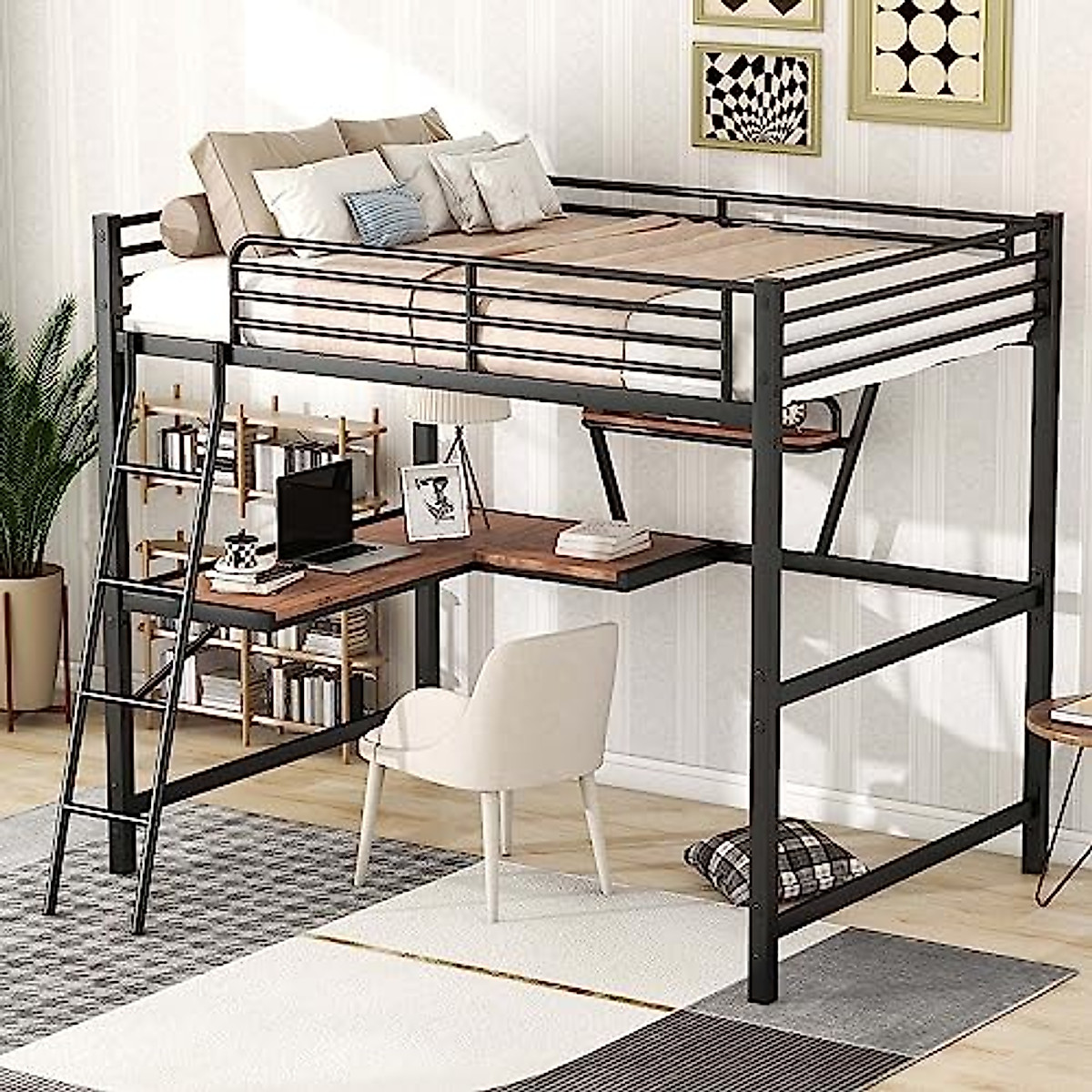 Full Size Metal Loft Bed with MDF Desk and Storage Shelf, Multifunctional Loft Bed with Ladder and Guard Rail, Space Saving, No Box Spring Needed for Boys Girls Teens Adults (Black, Full)