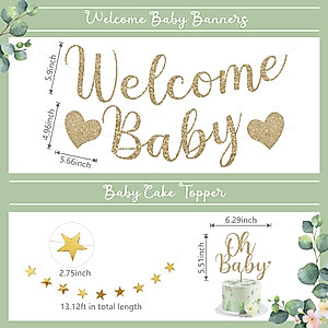 Amandir Baby Shower Decorations Sage Green Balloons Welcome Baby Banner, Cake Topper, Paper Lanterns, Pom Poms Flowers Tassels, Circle Dots Star Garland, Neutral Gender Reveal Birthday Party Supplies