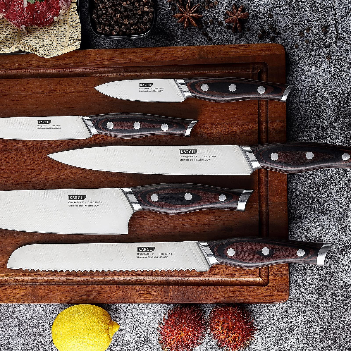 Chef Knife Set, Karcu 6-Piece Professional German Steel Kitchen Knife Block Sets, Brown
