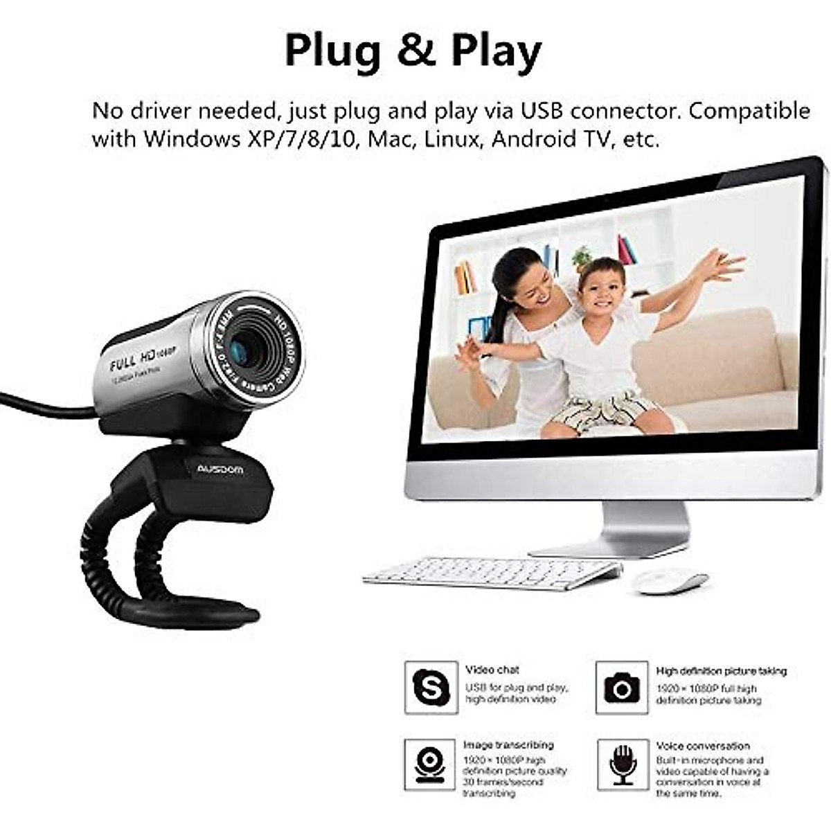 AUSDOM HD Webcam 1080P with Microphone, USB Desktop Laptop Web Camera 12.0MP, Auto Exposure, Pro Streaming Computer Camera for Laptop/Desktop/Skype/FaceTime/YouTube/Yahoo Messenger/Zoom