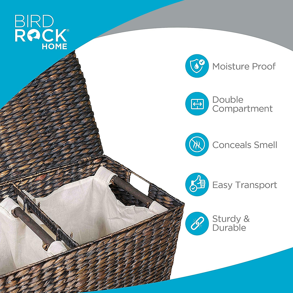 BIRDROCK HOME Handwoven Double Laundry Hamper | Removable Liner Bags | Laundry Basket with Lid - College Dorm Room Essentials, Bathroom, Bedroom, Home Clothes Storage, Organization | Espresso