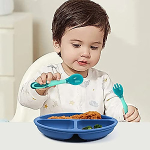 Wee me Suction Plates for Babies & Toddlers - Silicone Plates with Lids and Spoon Fork For Baby, Dishwasher and Microwave Oven Safe, 3 Pack (Beige, Sage & Dark Blue)