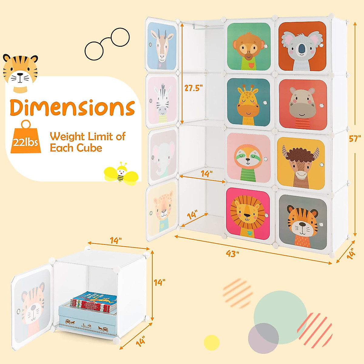 HONEY JOY Kids Wardrobe Closet, Baby Cartoon Clothes Storage Organizer, 12 Cubes & 2 Hanging Sections, Portable Children DIY Modular Bedroom Armoire Dresser Cabinet for Boys Girls (White)