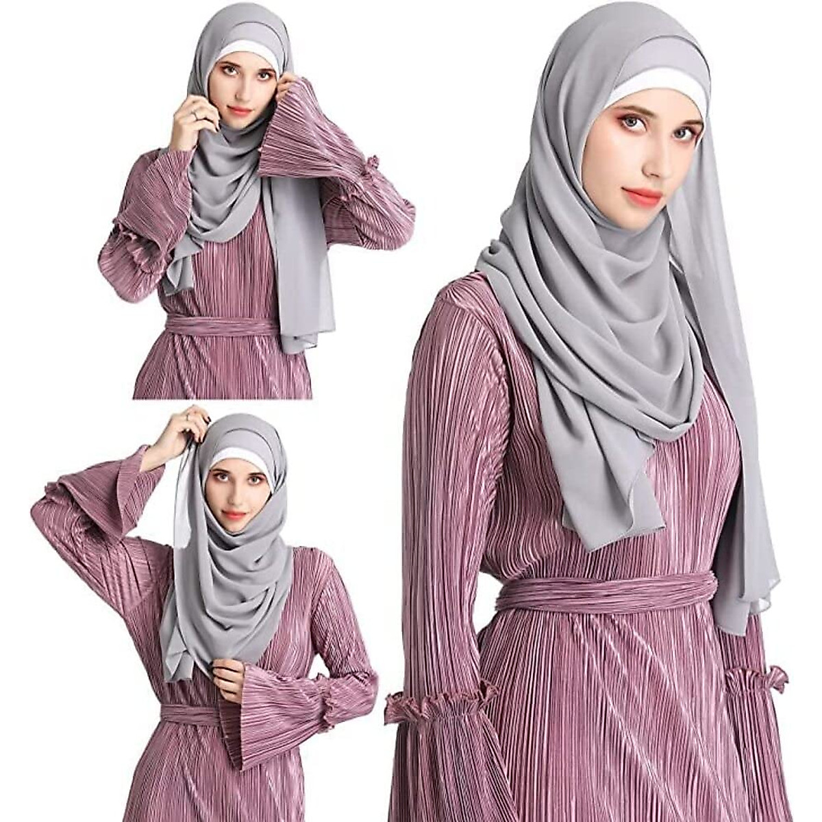 Anika Fashion Warehouse All Season Women Soft and Non-Slip Chiffon Long Scarf - Fashion Muslim Hijab Scarf Head Wrap Scarves 80 X 30 Inches Long Solid Color - Moon Gray