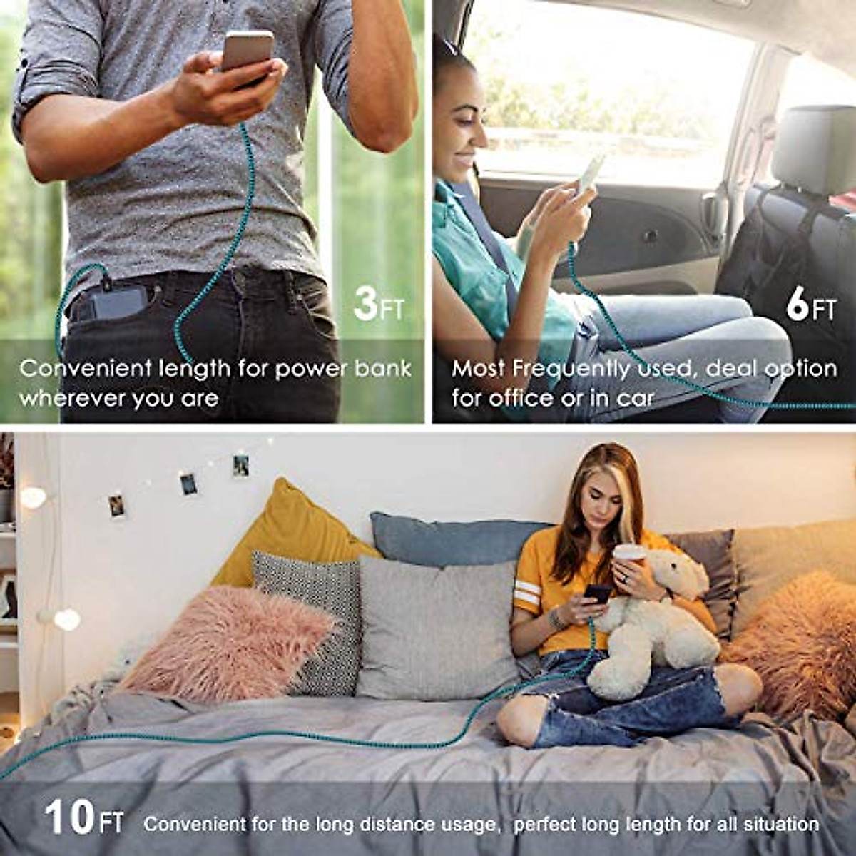 iPhone Charger Cord Right Angle Lightning Cable 5 Pack (3/3/6/6/10FT) Nylon Braid 90 Degree Charging Cord Fast Charging & Data Sync Cord Long Compatible iPhone 13 12 11 Pro XS Max/X/8/7/Plus iPad Blue