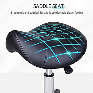 HOMCOM Rolling Saddle Stool, Swivel Salon Chair, Ergonomic Faux Leather Stool, Adjustable Height with Wheels for Spa, Salon, Massage, Office, Black