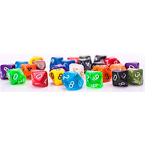 25 Count Assorted Pack of 10 Sided Dice - Multi Colored Assortment of D10 Polyhedral Dice
