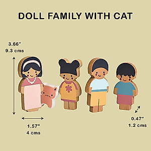 Mentari Toys - Doll Family with Cat - 5pc Multicultural Solid Wood Doll Set with Playful Kitten - Perfectly Sized for Little Hands - Encourages Imaginative Play and Social Skills - Age 12m+