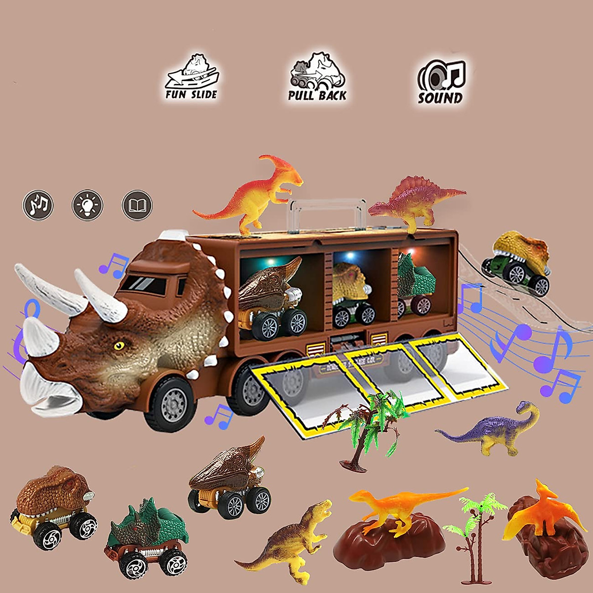 Dinoaur Toy Truck for Kids Dinosaur Toy Transport car Set 1 Large Dino Carrier Truck 3 Small Pull Back Cars and 12 Dinosaur Toy Set for Toys and Birthday Gifts for Boys girlss (Brown), DINO-28set