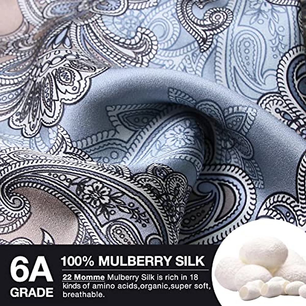 FELYSIK Blue Gray Paisley Silk Pillowcase for Hair and Skin - Standard 20"x26", 22 Momme 100% Mulberry Silk Floral Print Pillow Cases with Zipper