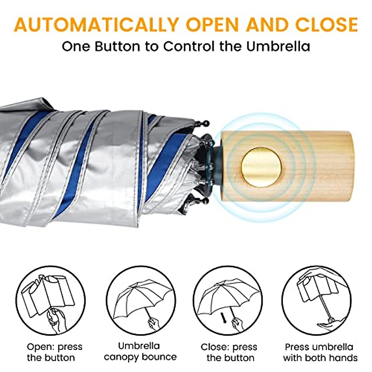 G4Free UPF 50+ UV Protection Travel Umbrella with Wooden Handle, 42 Inch Lightweight Sun Rain Folding Umbrellas Auto Open Close (Blue)