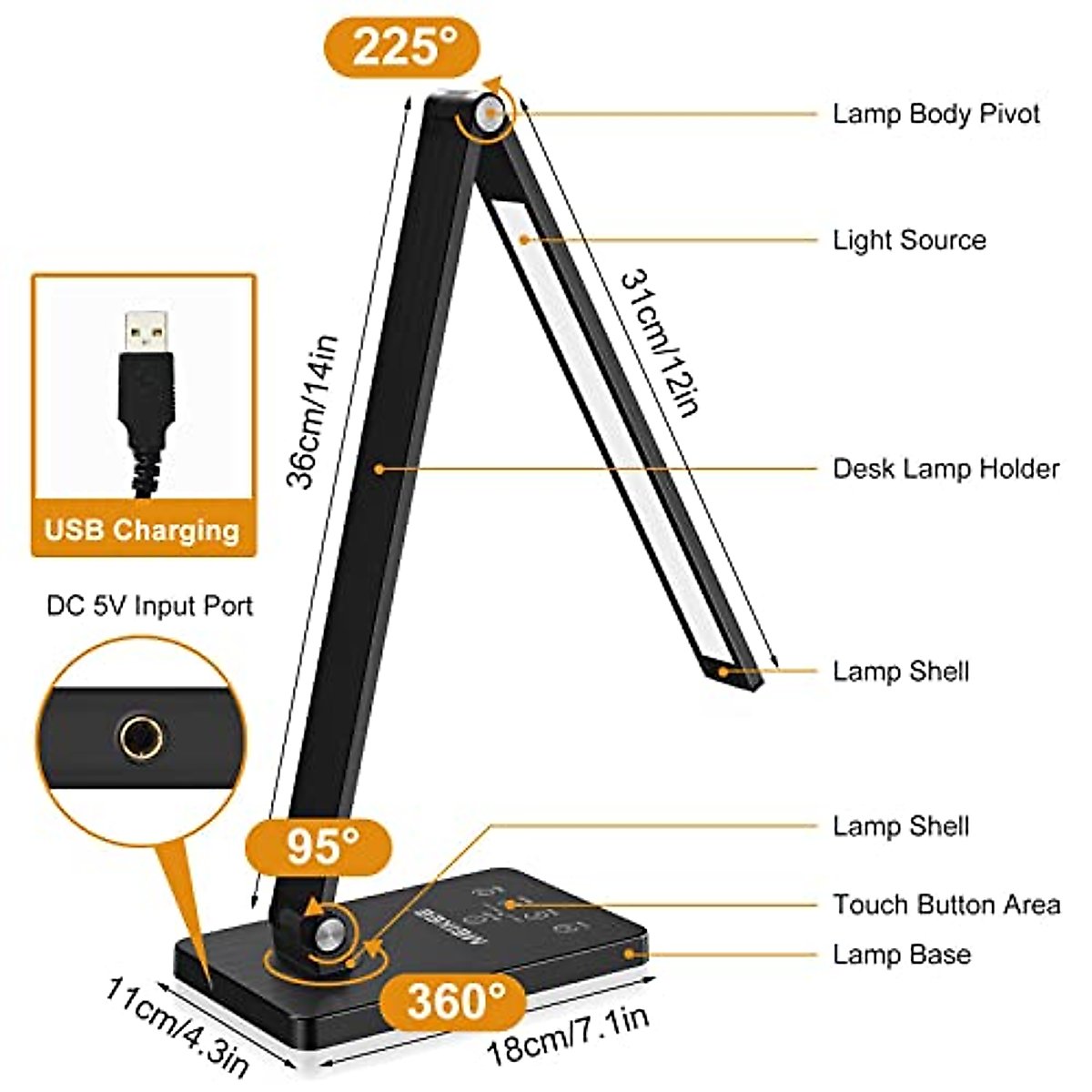 MEIKEE 6W LED Desk Lamp, Eye-Caring Dimmable USB Charging Table Lamp, 5 Lighting Models, 8 Brightness Levels, Touch Control, 30/60mins Auto Timer Desk Light for Working, Reading, Office(No Plug)