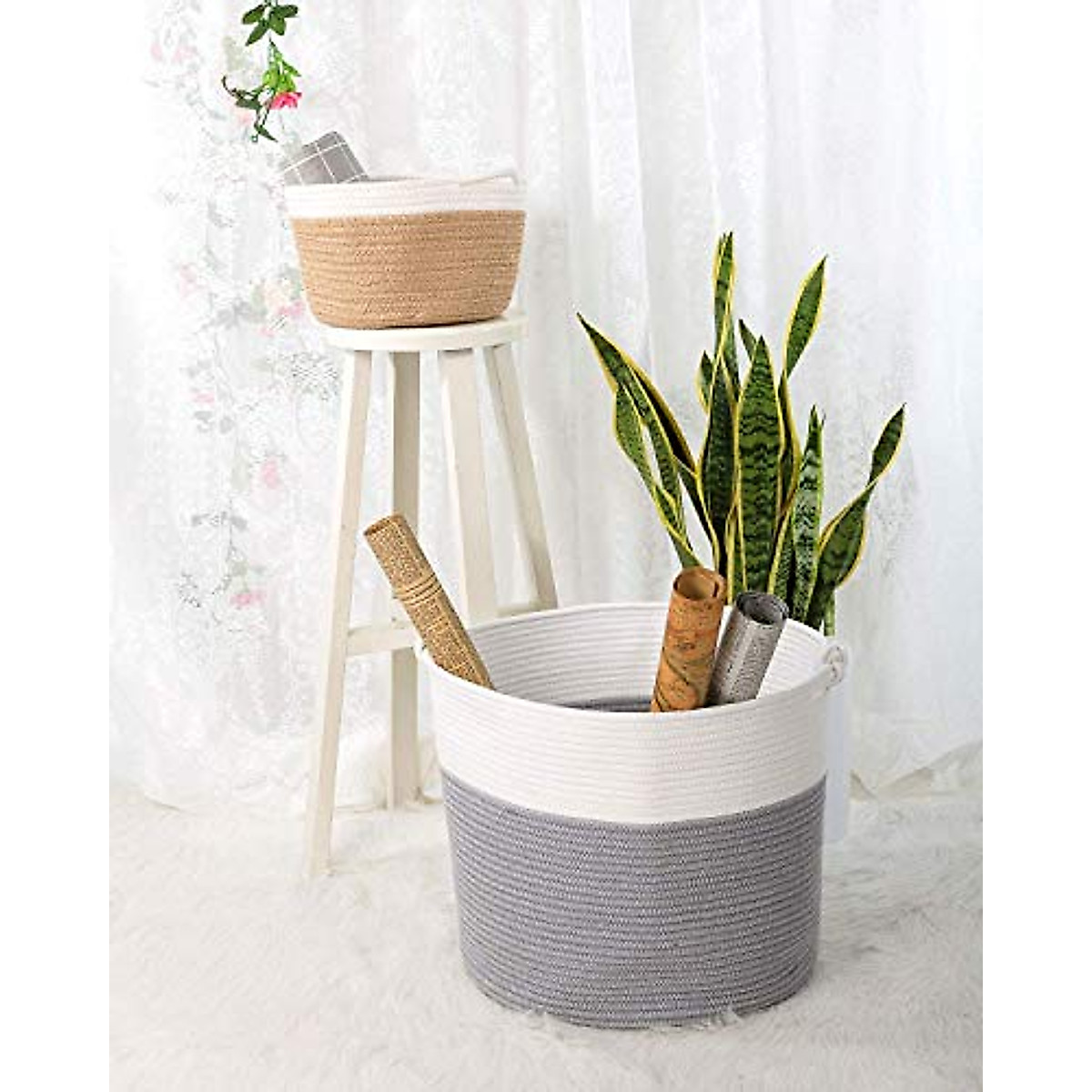 Goodpick Cute Grey Cotton Rope Basket And Large Baby Nursery Storage Basket (Set of 2)