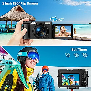 Vlogging Camera, 4K 48MP Digital Camera for Photography with 3” 180 Degree Flip Screen, Autofocus Vlogging Camera for YouTube with 16X Digital Zoom, 32G SD Card, 2 Batteries & Battery Charger