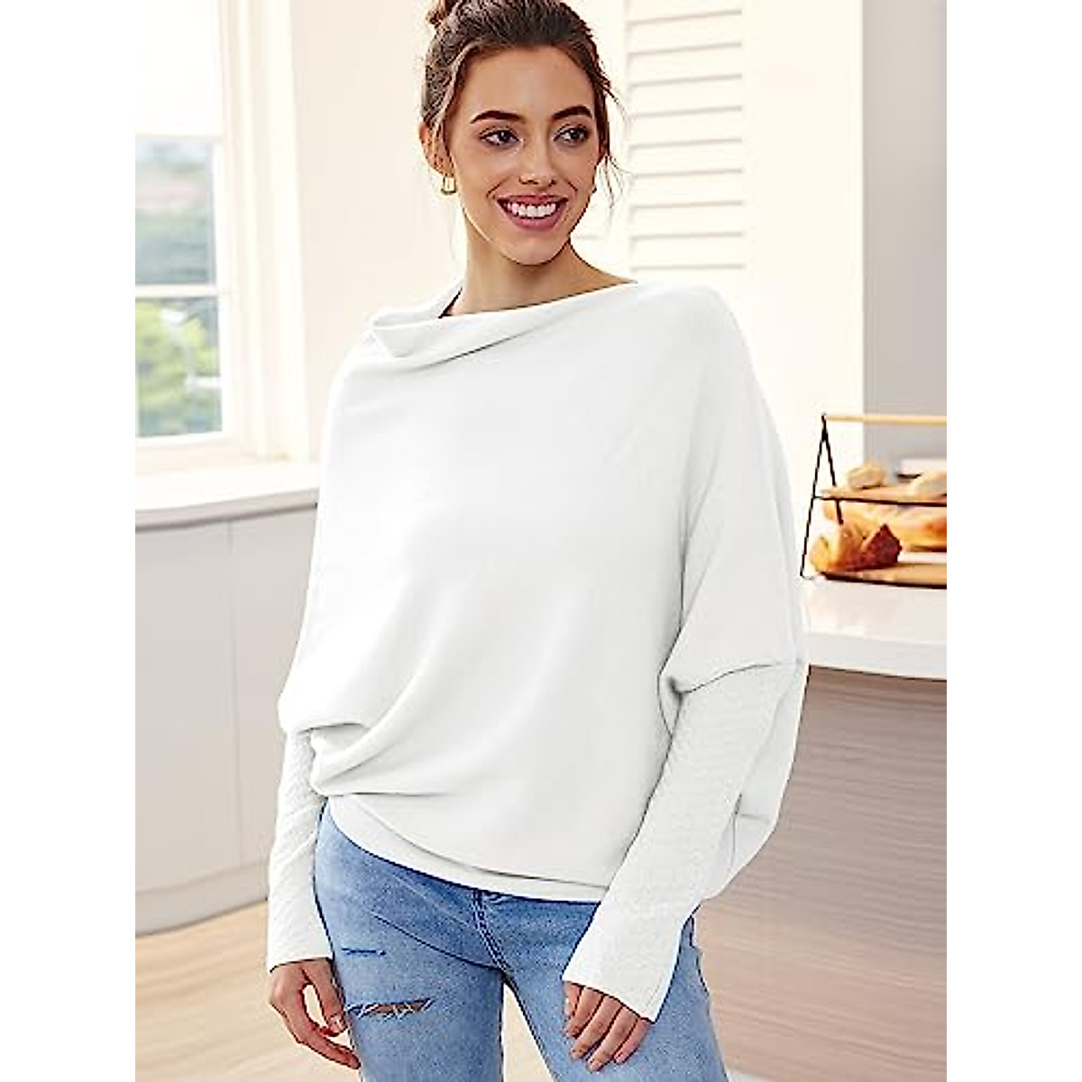 LILLUSORY Womens 2023 Fall Long Batwing Sleeve Off Shoulder Tunic Tops Oversized Crewneck Lightweight Slouchy Pullover Sweaters White