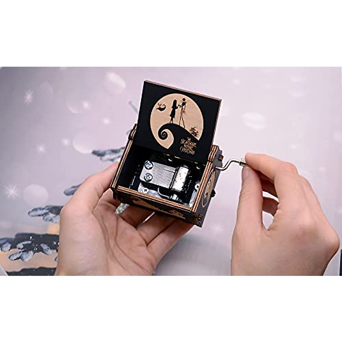 CORACIK Music Box The Nightmare Before Christmas Laser Engraved Wooden Hand-cranked Musical Box for Halloween Christmas - Plays This is Halloween