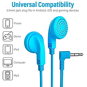 RedSkyPower 10 Pack Multi Color Kid's Wired Earphone Headphones, Individually Bagged, Disposable Earphones Ideal for Students in Classroom Libraries Schools, Bulk Wholesale